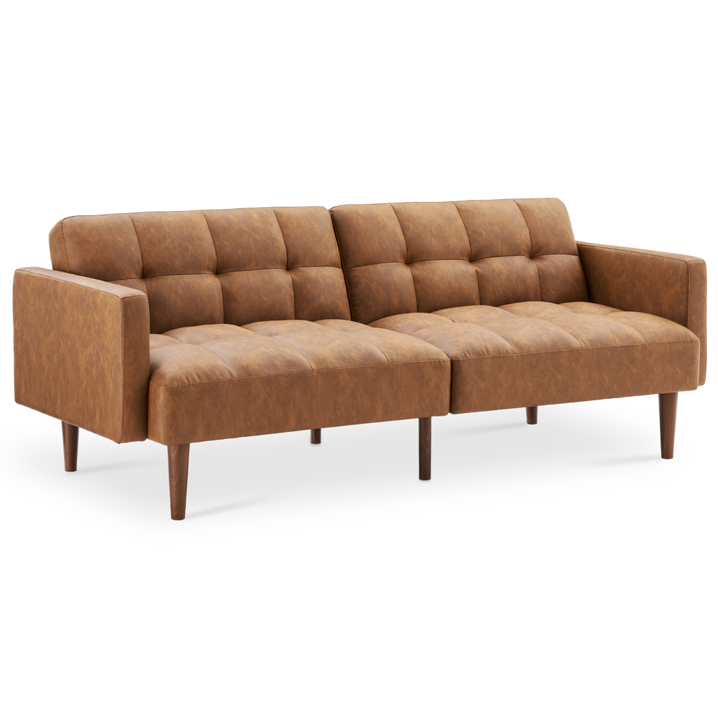 Aaron Futon Sofa Bed, Pecan Brown Faux Leather – Mopio