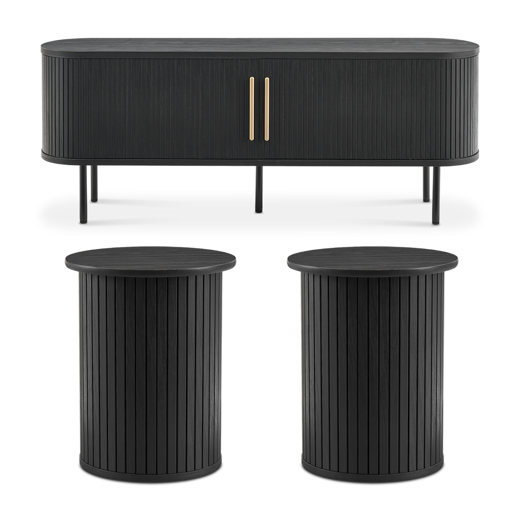 Quin 59" TV Stand & 2 Side Table, Black Oak | Mopio