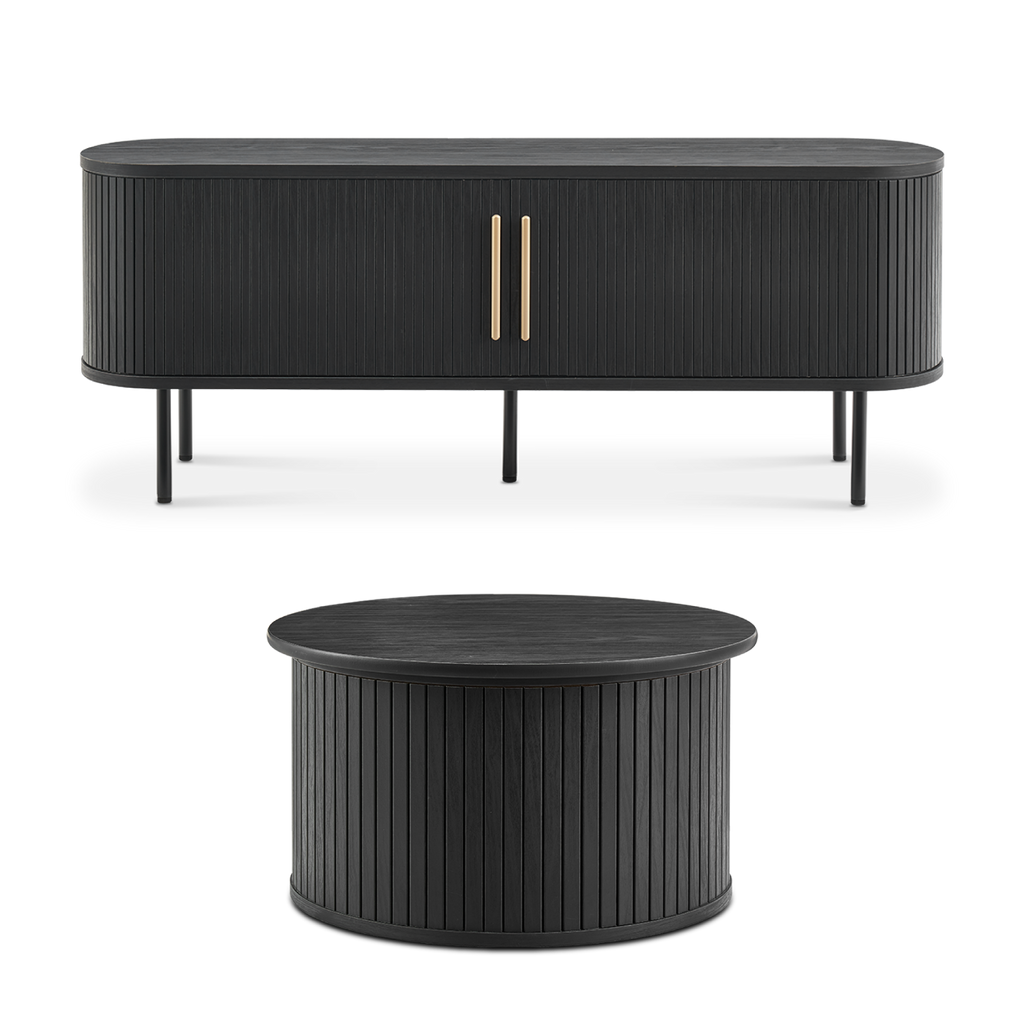 Quin TV Stand & Coffee Table, Black Oak | Mopio